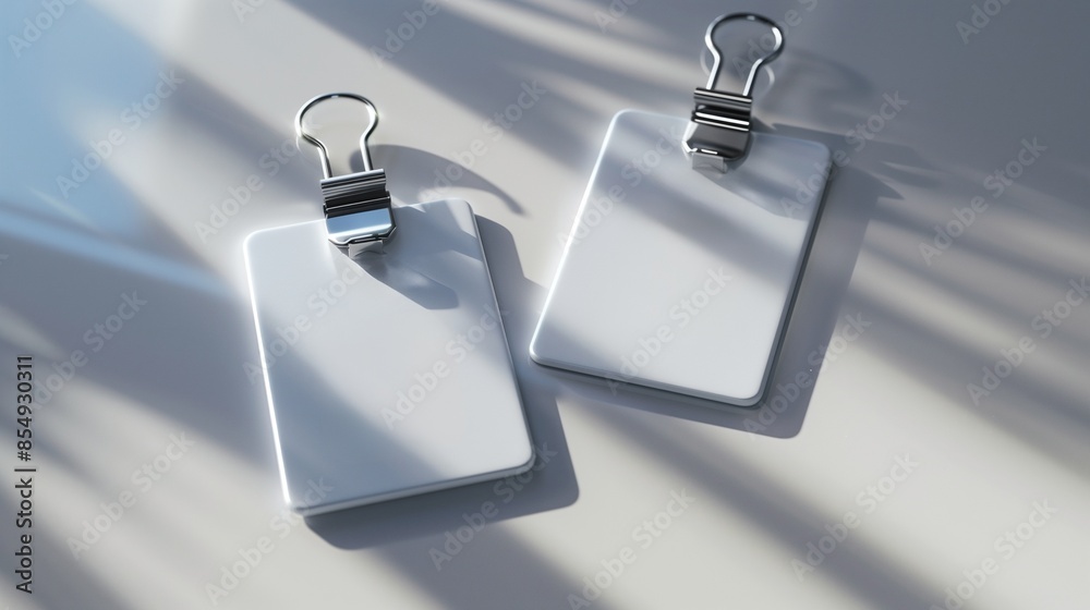 Two white id cards mockup with metal clips lie on smooth surface ...