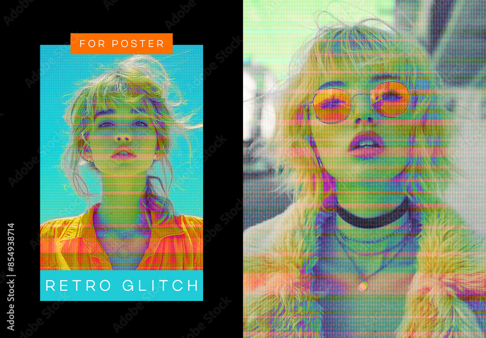 Retro Glitch Poster Photo Effect Mockup Stock Template | Adobe Stock