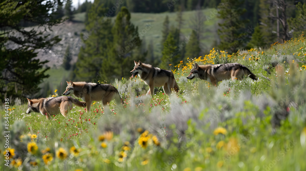pack of wolves in Yellowstone National Park, demonstrating the impact ...