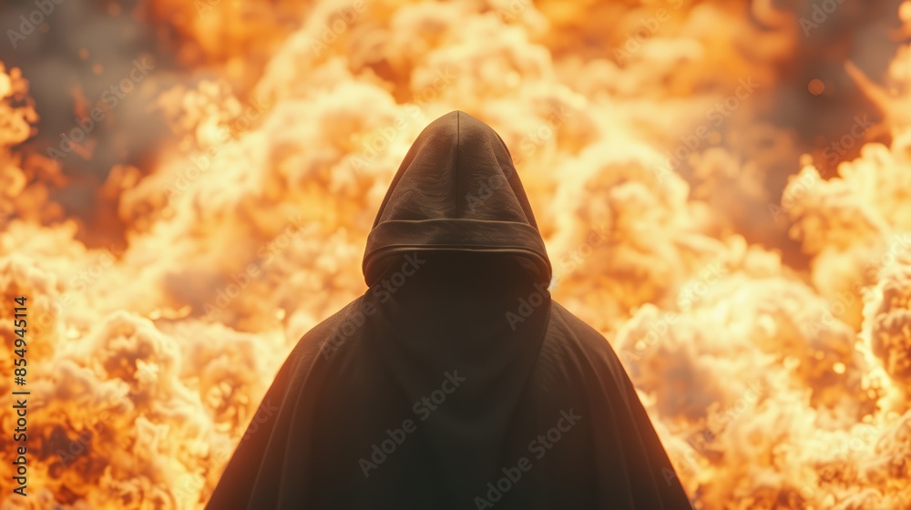 Realistic back view of a hooded priest in dark attire walking on white ...