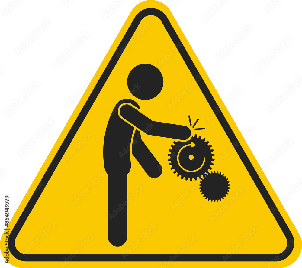 Triangle safety sign rotating or spinning machine danger, risk hand ...