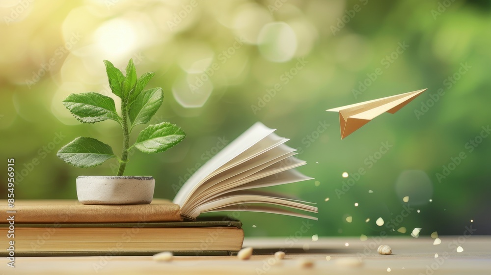 Simplified open book icon with a paper plane taking off from its pages ...