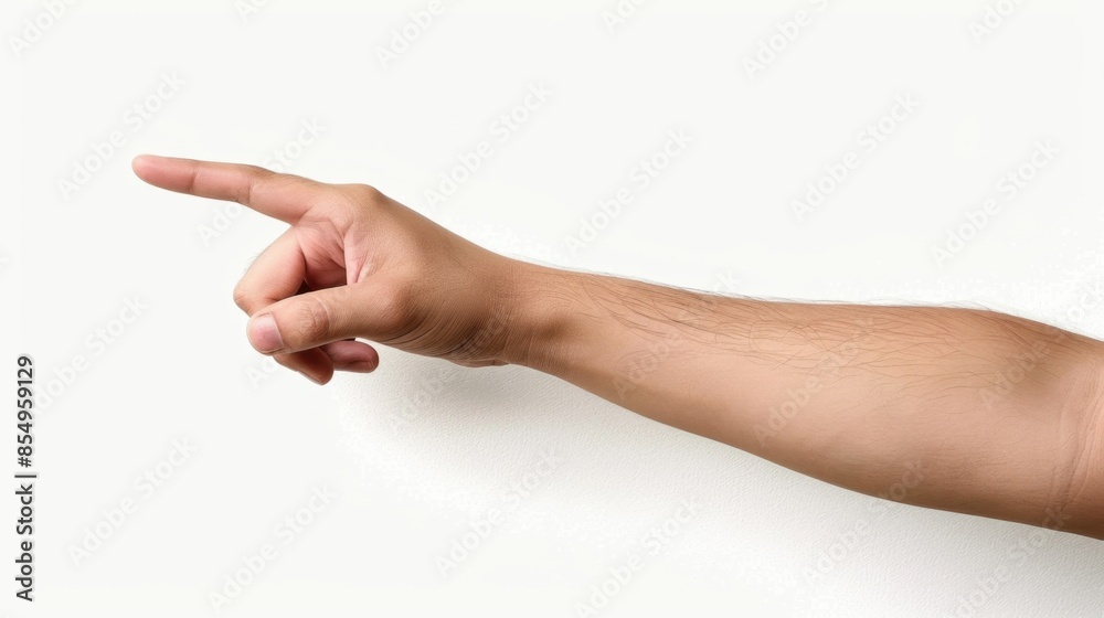 Against a clean white backdrop, a hand gestures leftward with an ...