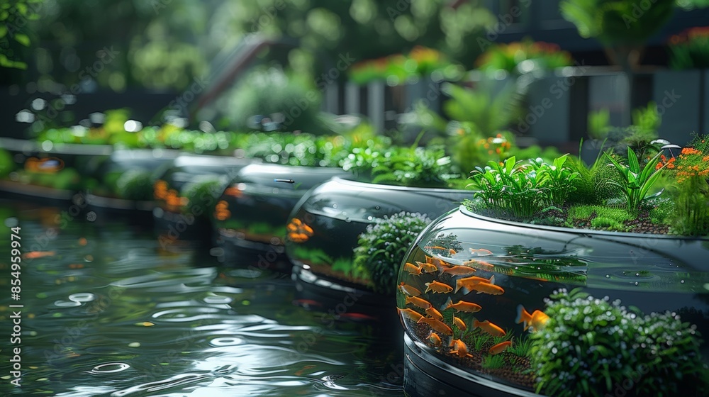 Aquaponics System: Illustrate an aquaponics system combining fish ...