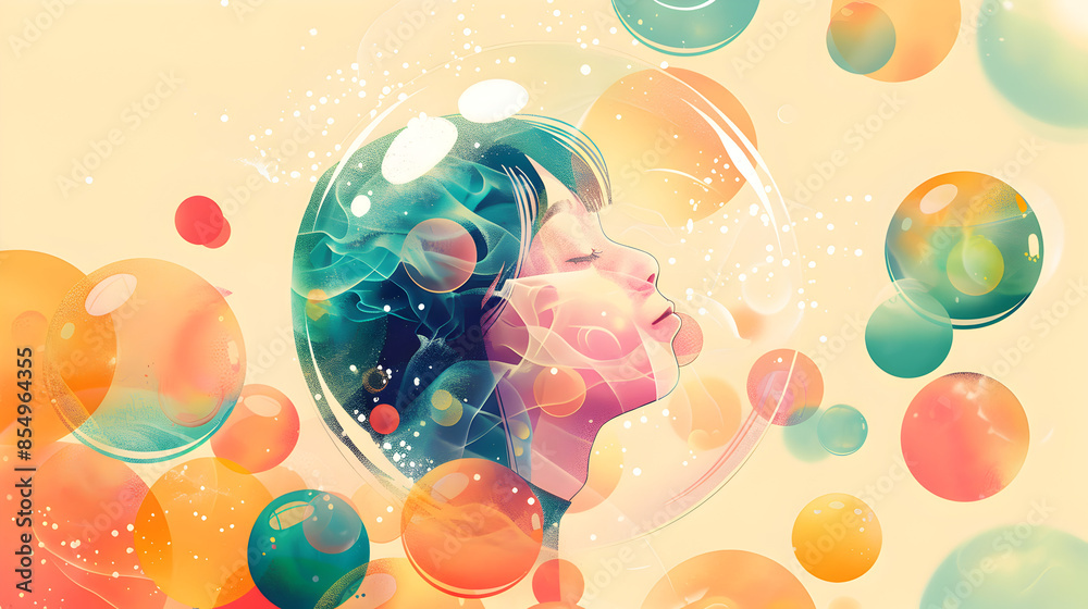 An illustration of a person inside a bubble blowing bubbles with ...