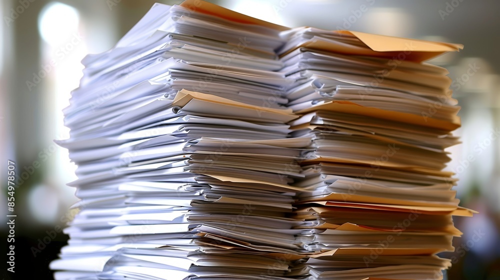 A massive stack of paper documents and files stacked high on a desk in ...