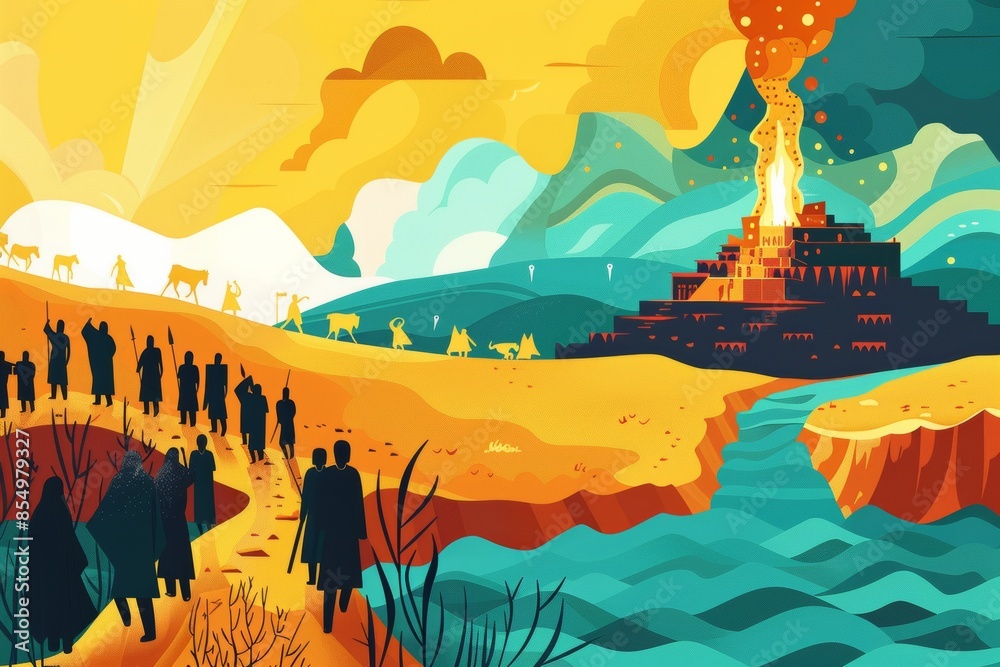 flat illustration depicting the Passover Exodus with pillar of fire ...