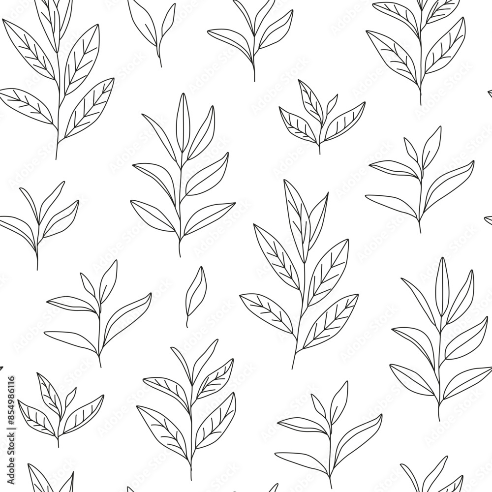 Outline tea leaves seamless pattern. Hand drawn line art drawings of ...