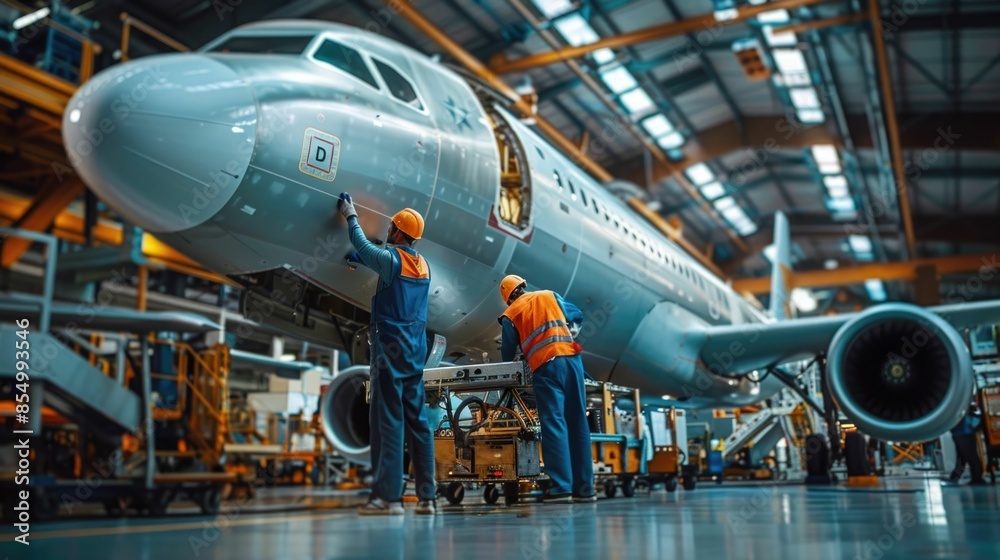 Aerospace manufacturing facility with workers assembling aircraft ...