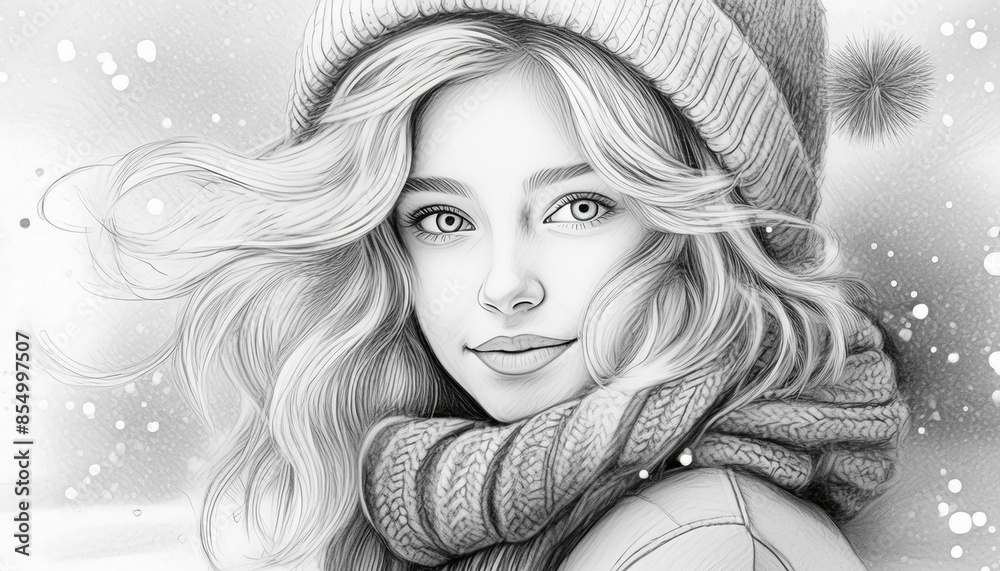 pencil drawing of a beautiful portrait of a winter woman; frozen girl ...