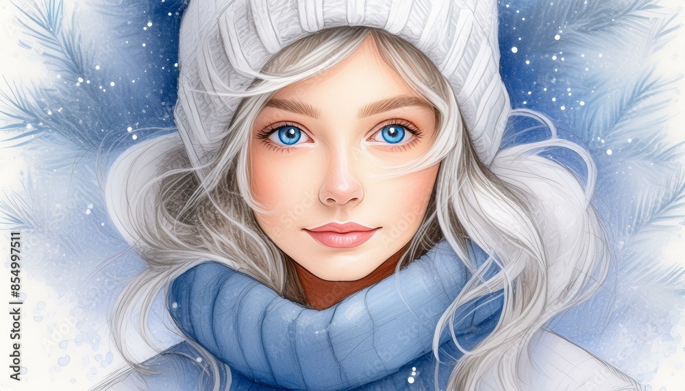 pencil drawing of a beautiful portrait of a winter woman; frozen girl ...