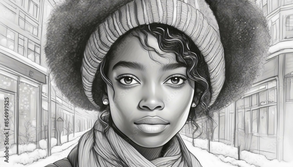 pencil drawing of a beautiful portrait of a winter woman; frozen girl ...
