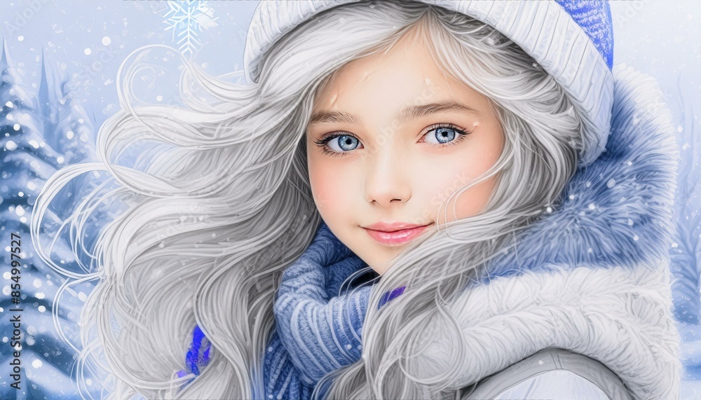 pencil drawing of a beautiful portrait of a winter woman; frozen girl ...