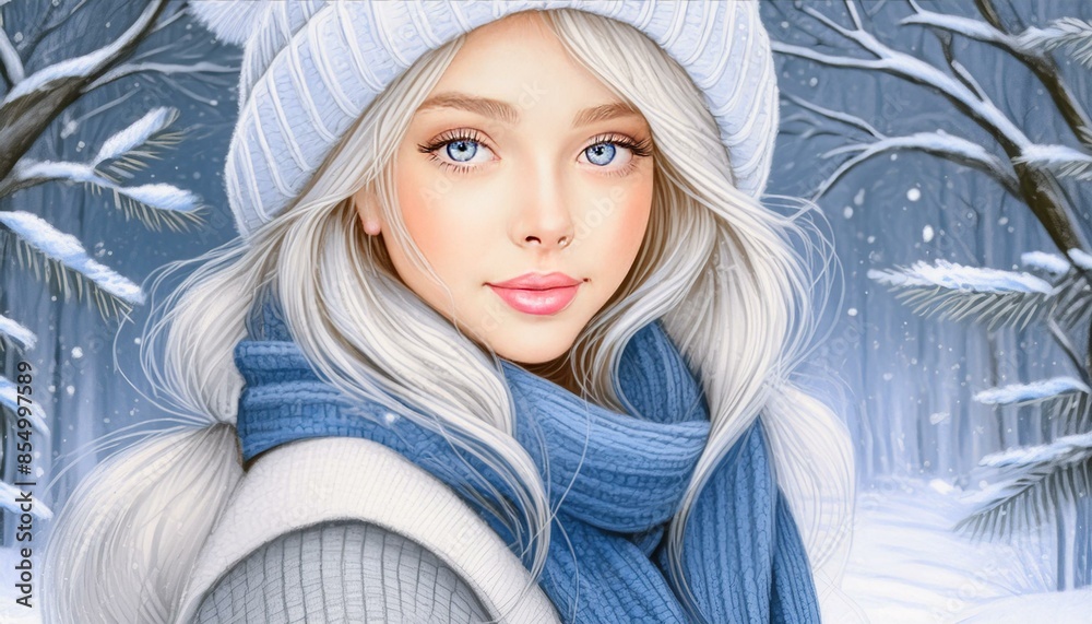 pencil drawing of a beautiful portrait of a winter woman; frozen girl ...