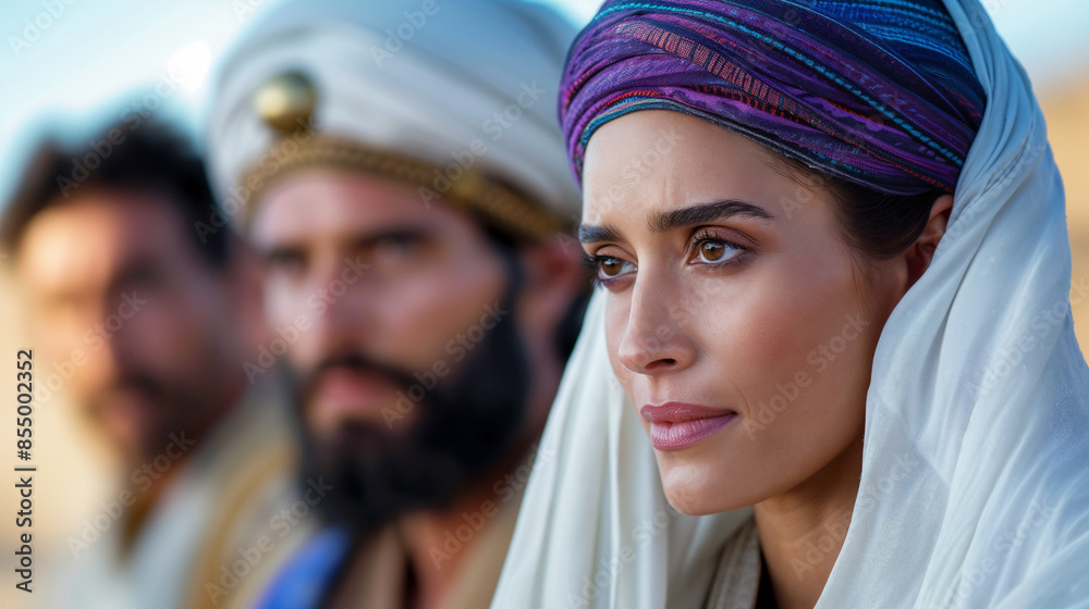 Queen Esther, with two men in the background, one of whom appears to be ...