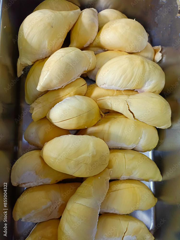 Durian are peeled and placed on tray. Durio zibthinus murray Monthong ...