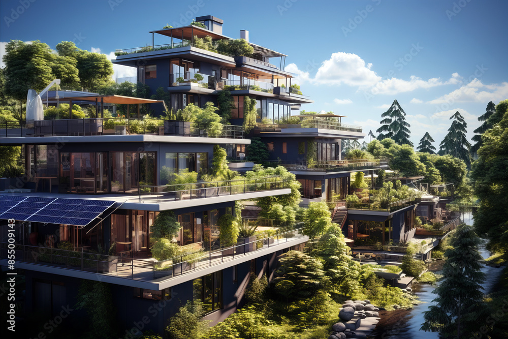 Residential buildings with lush green roofs and solar panels ...