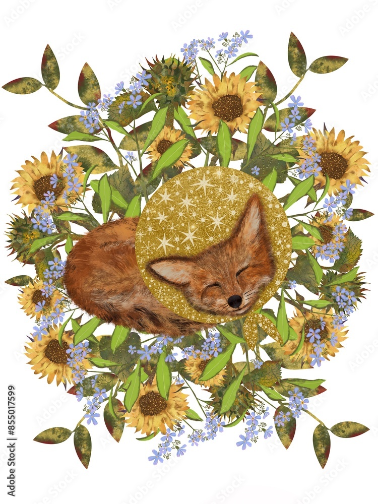 Cute fluffy fox sleeps in wildflowers made in watercolor. Fairy-tale ...