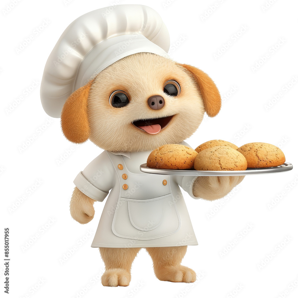 Cartoon dog baker in white chef hat holding tray of cookies on ...