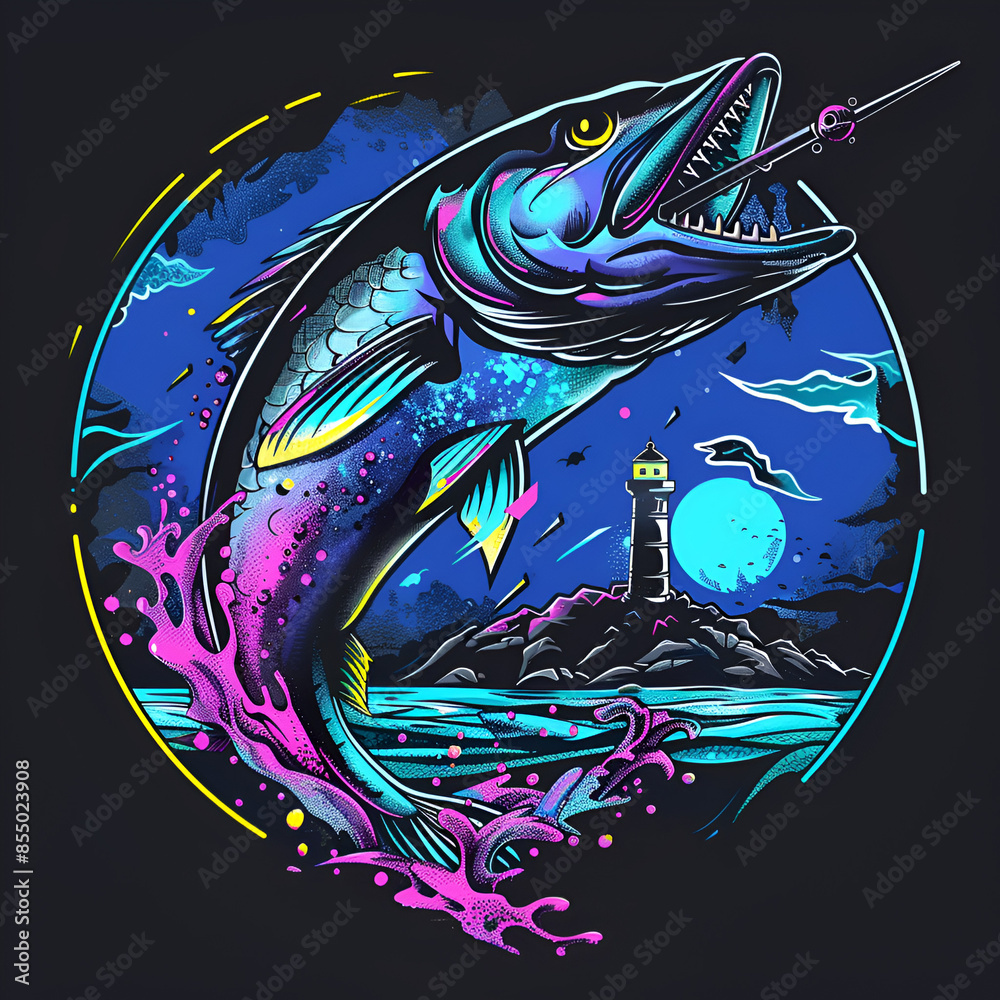Professional tshirt design vector, neon theme , trevally fish caught on ...
