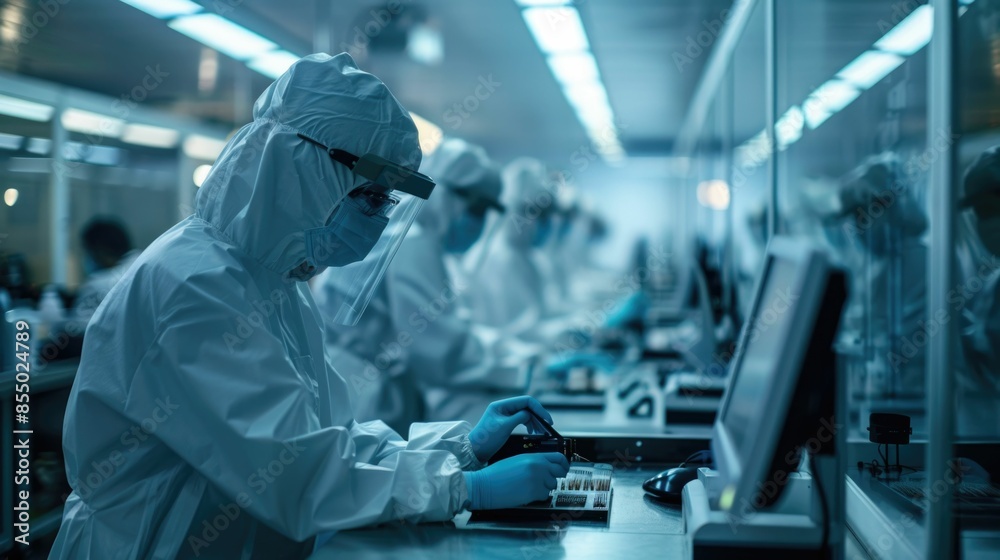 Foto de Clean room manufacturing environment with workers in sterile ...