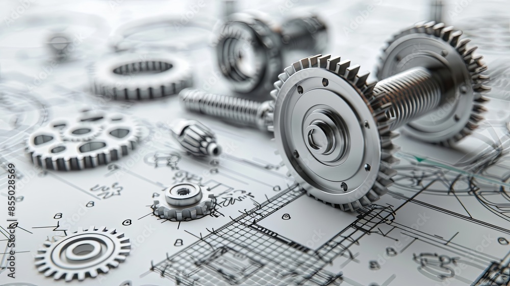 3D render ,drawing tools and gears on a background of engineering ...