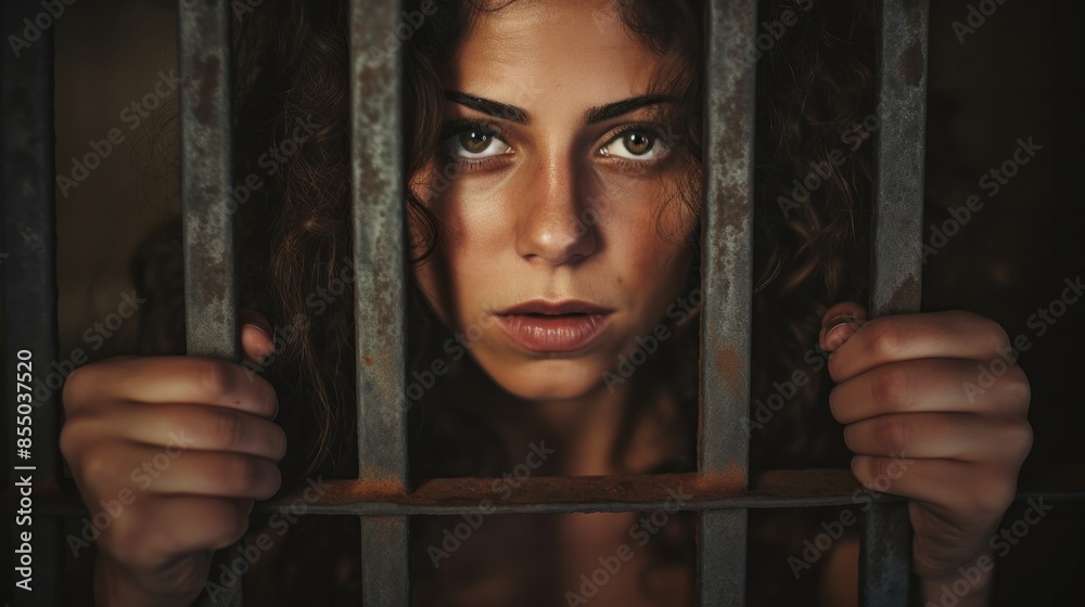 Female prisoner with hands on steel grating, close up female crime in ...