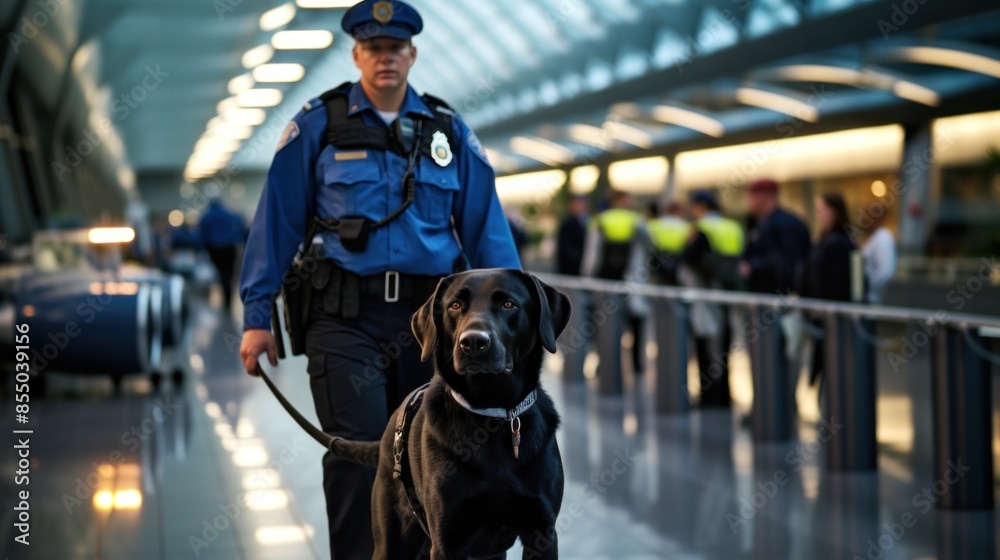 Security personnel with detection dogs patrol the airport. Security ...