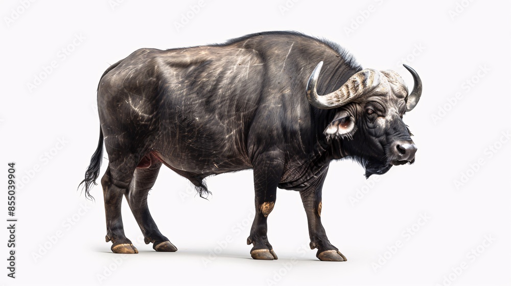 A massive African buffalo, with its thick, dark coat and imposing horns ...