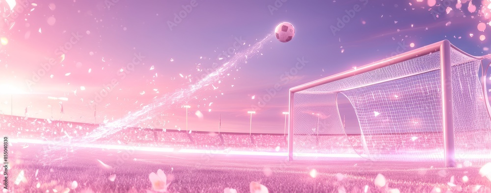 Soccer Ball Scores Goal, Pink Background with Light Effects, Banner for ...