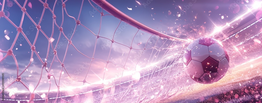 Soccer Ball Scores Goal, Pink Background with Light Effects, Banner for ...