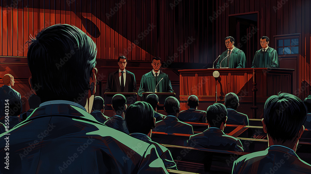 Courtroom scene and jury Two men stand at a podium to address a large ...