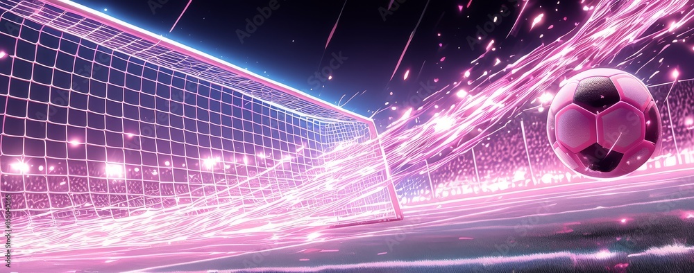 Soccer Ball Scores Goal, Pink Background with Light Effects, Banner for ...