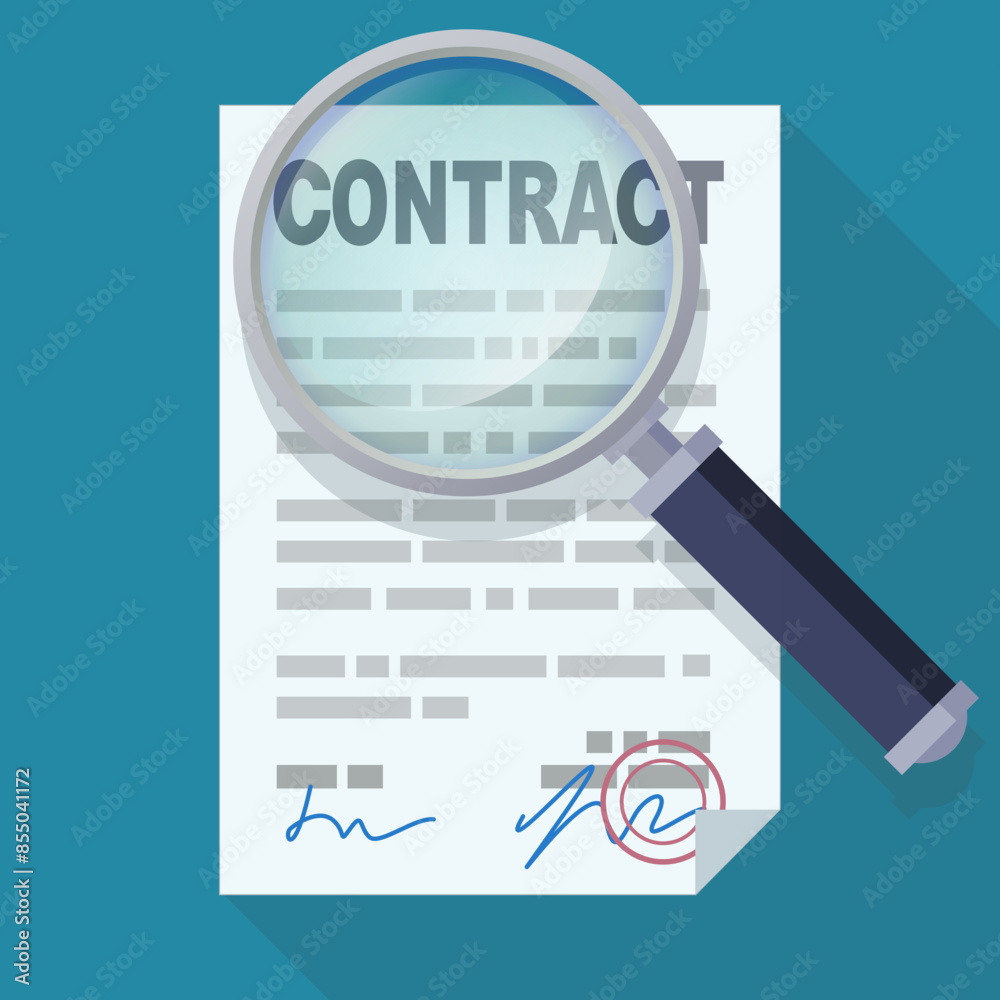 Contract signed isolated under magnifying glass in flat design style ...