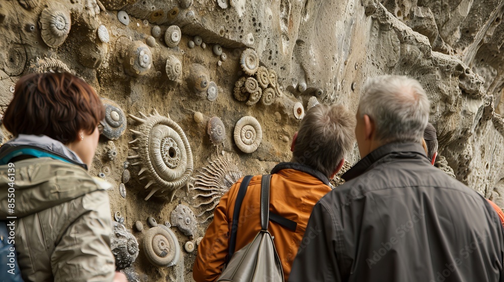 Tourists are examining a large rock wall covered in ammonite fossils ...