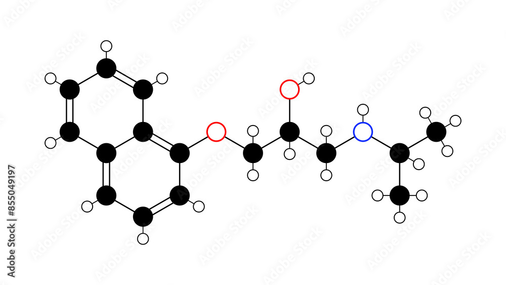 propranolol molecule, structural chemical formula, ball-and-stick model ...