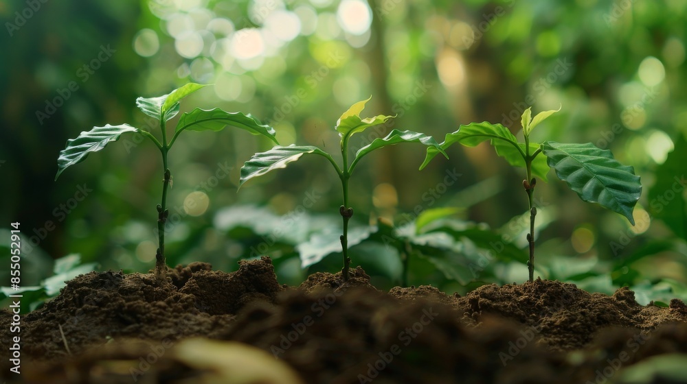 With a lush green bokeh backdrop, jackfruit seedlings thrive in the ...