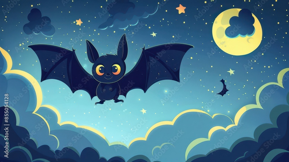 adorable kawaii bat flying in starry night sky cute cartoon ...