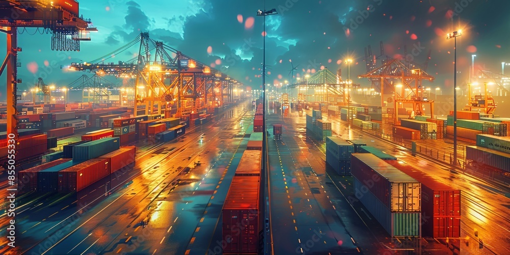 Bustling Night at the Container Port: Illuminated Docks and Cranes ...