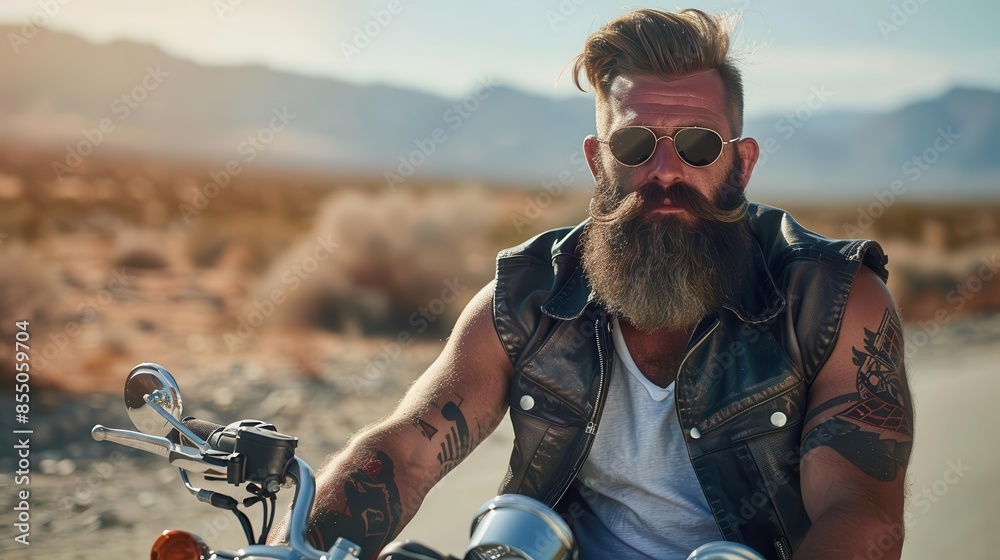 bearded man in leather vest sitting on motorcycle desert landscape ...