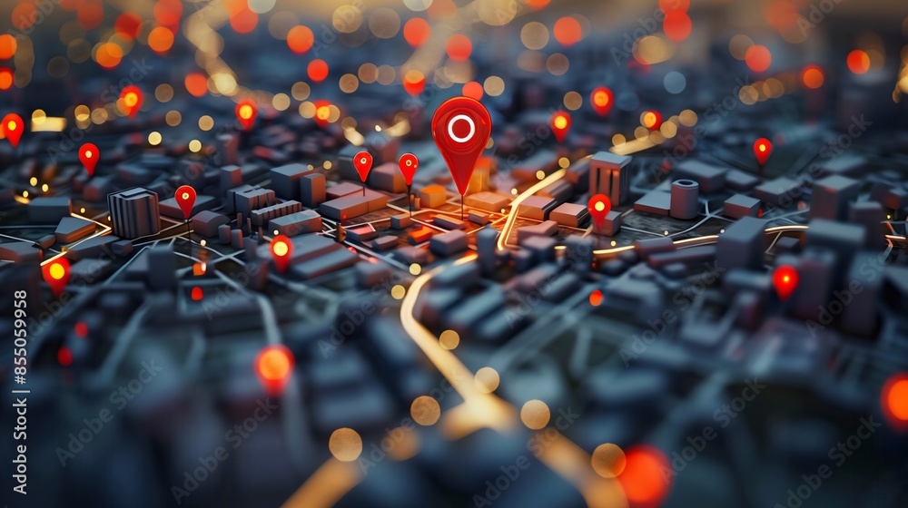 Digital map of city red pins and location marker, global flight ...