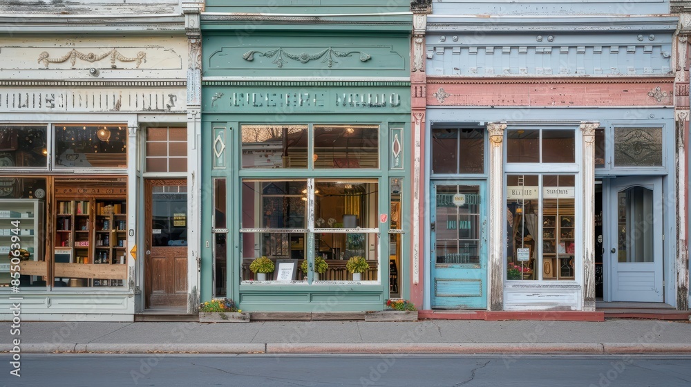 charming small town main street with ornate historic storefronts ...