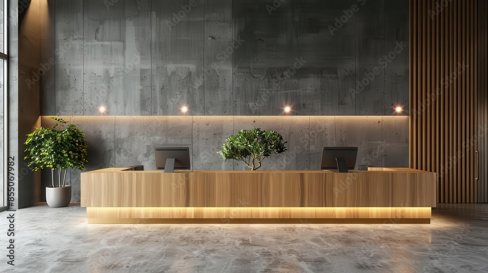 corporate office reception with modern wooden desk and concrete walls ...