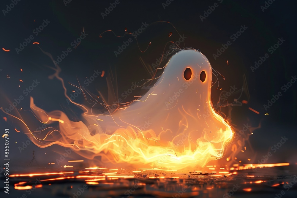 goofy glowing ghost with fire flames floating surrounded by sparks ...