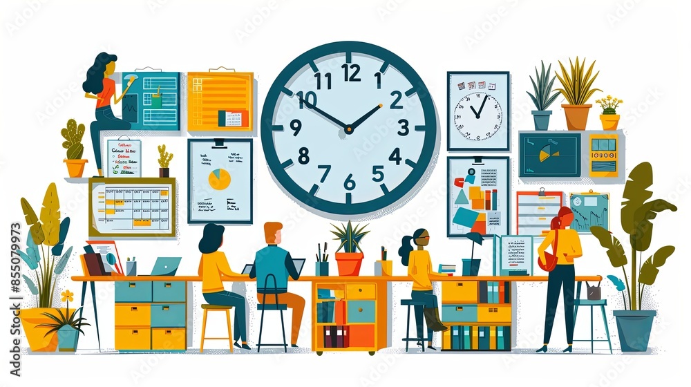 Set of time management scenes isolated on white background. Vector ...