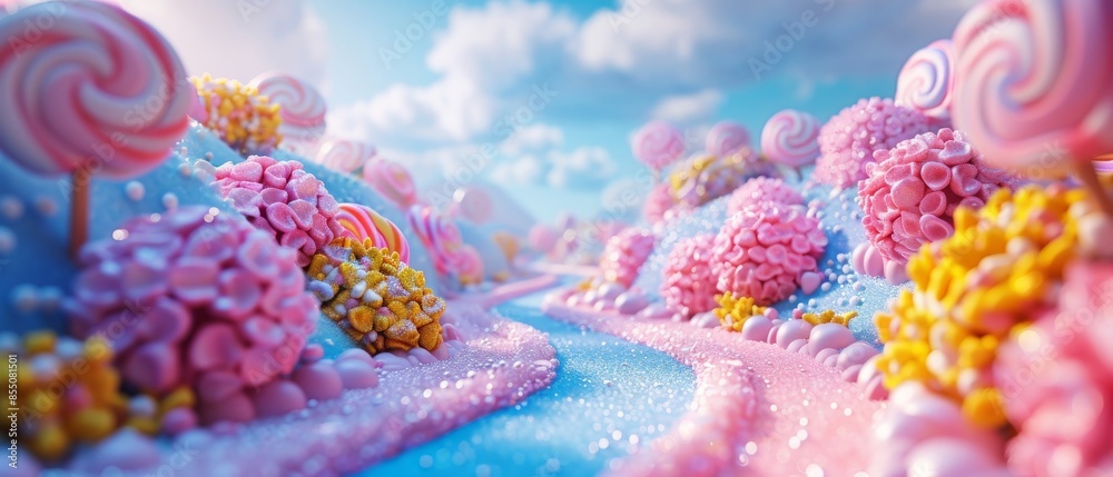 Colorful candy land landscape with lollipops and sweet treats along a ...