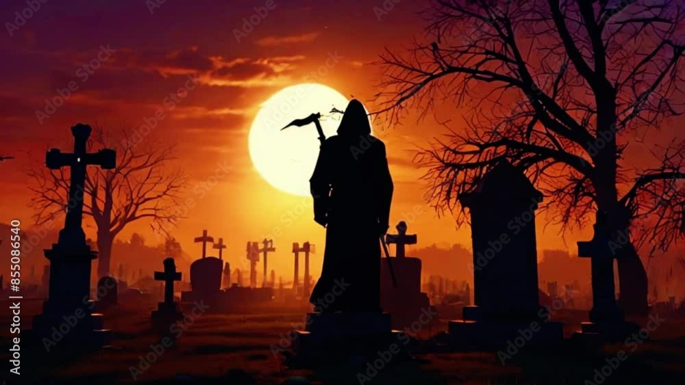 Grim Reaper sword Silhouette in a Cemetery Graveyard in Sunset ...