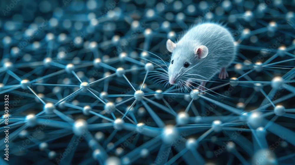 A detailed image of a laboratory white mouse on a structure that mimics ...