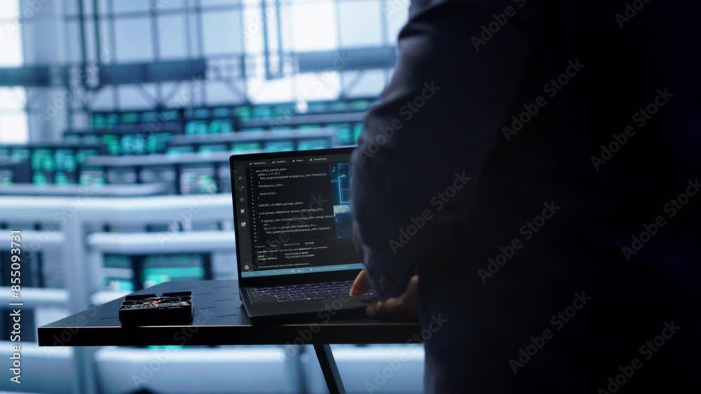 Engineer in server hub works with artificial intelligence computerized ...