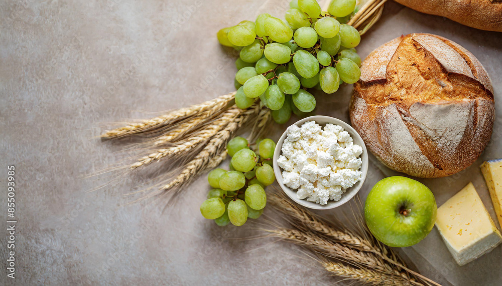 Shavuot greeting card template with cottage cheese, grapes, bread, and ...